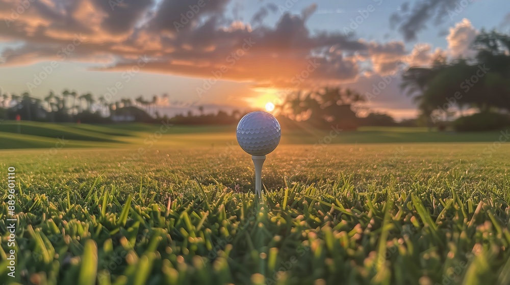 Golf ball sits on tee with a breathtaking sunset behind, casting a ...