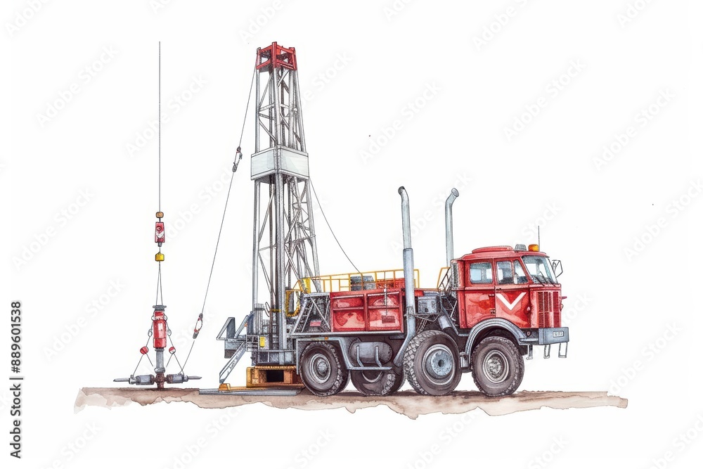 Drilling depicted with precise watercolor drill rigs and boreholes ...