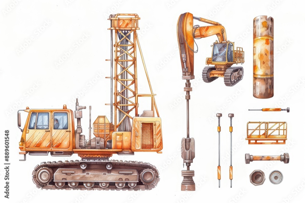 Drilling depicted with precise watercolor drill rigs and boreholes ...