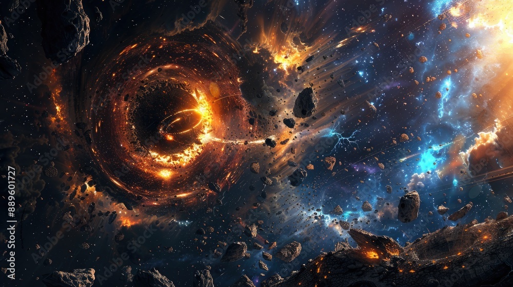 Poster A cosmic anomaly creating a rift in space, from which emerge ...