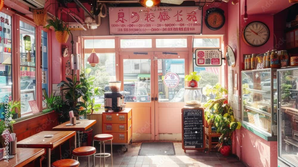 Indoor cozy interior of cafe. inviting space with comfortable armchairs ...