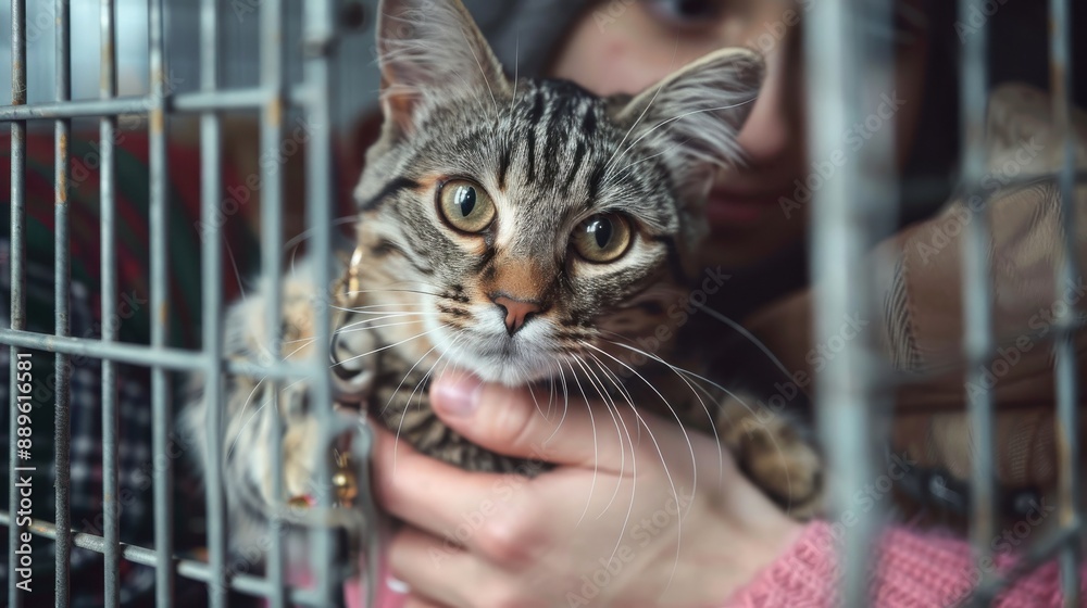 Heartwarming image of a cat being adopted, realistic, natural light ...