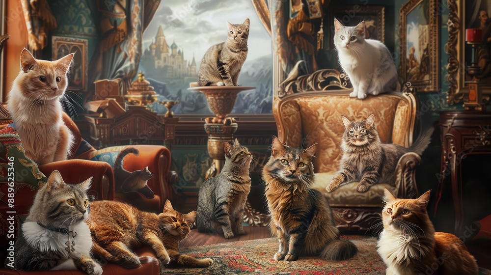 Interactive content on cat history and care, realistic, vibrant colors ...