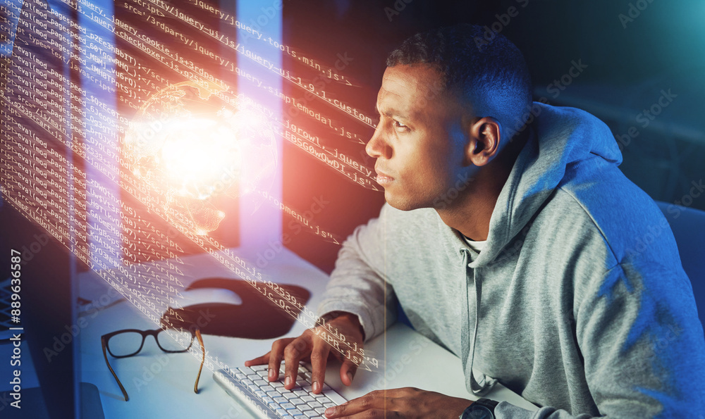 Black man, hacker and code glitch overlay of cybersecurity problem with coding graphic for ...