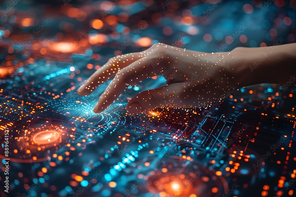 Hand touching a spinning data flow, data flow processing visualization background Stock Photo ...