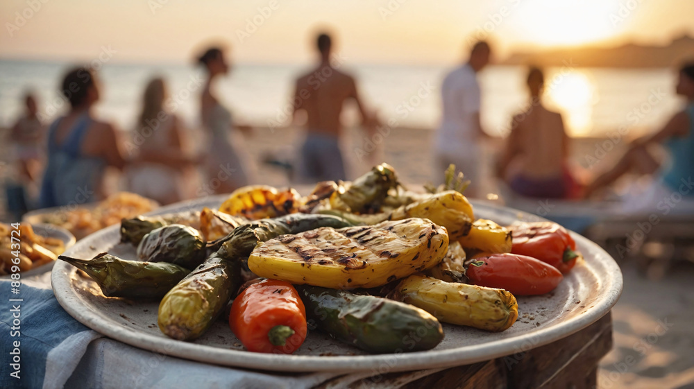 Barbecue grill on the beach with grilled vegetable shashliks. Summer ...