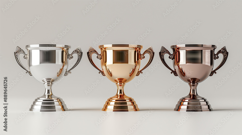 three modern trophy, first place gold trophy, second place silver on ...