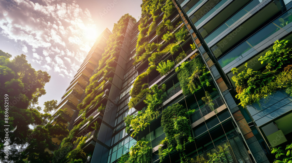 Eco-friendly building with green energy elements, like solar panels and ...