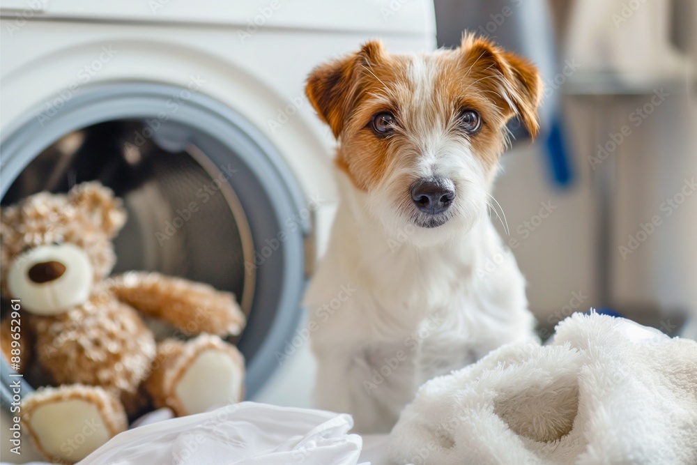Adorable small dog sitting in front of a washing machine with a teddy ...