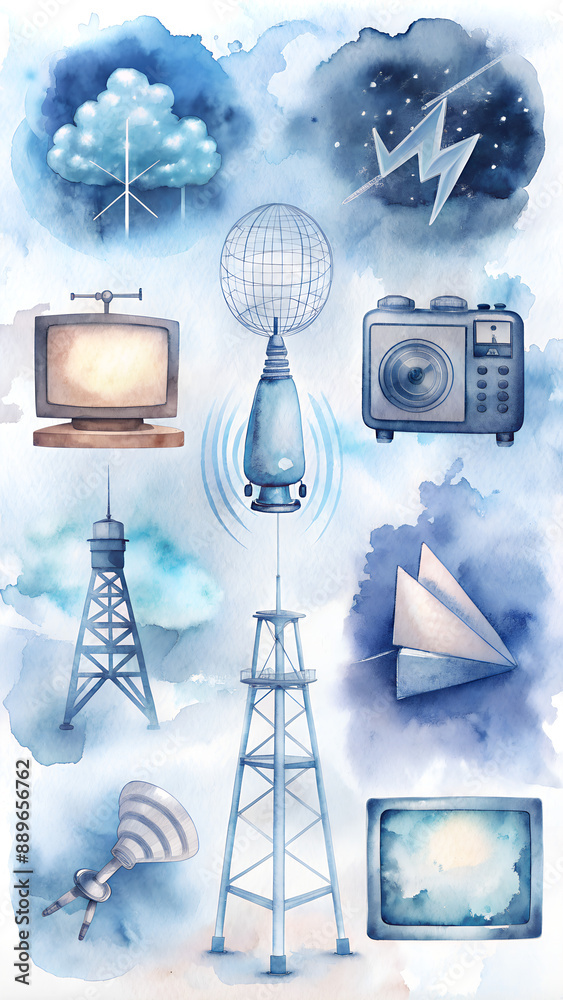 Electric and electronic icons, electric diagram symbols. Antennas ...