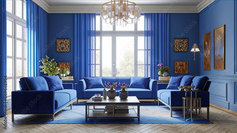 royal great room design in a large home, blue and gray color scheme ...