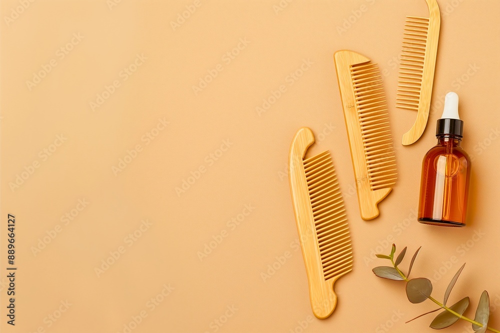 Set of bamboo hair combs and a brown glass dropper bottle with a sprig ...