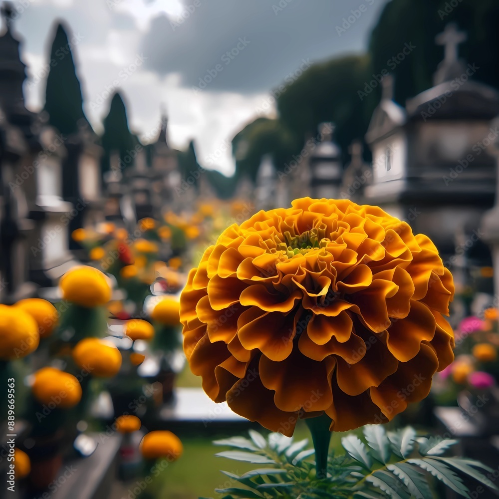 A close up of a Marigold flower on a mayan cemetery background, Day of ...