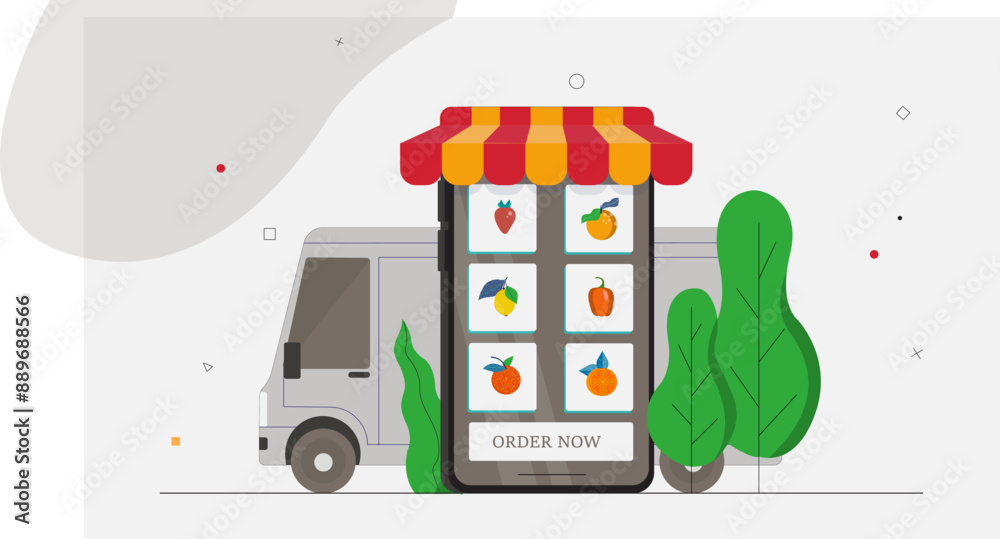 Vector illustration of a mobile grocery shopping app with a storefront ...