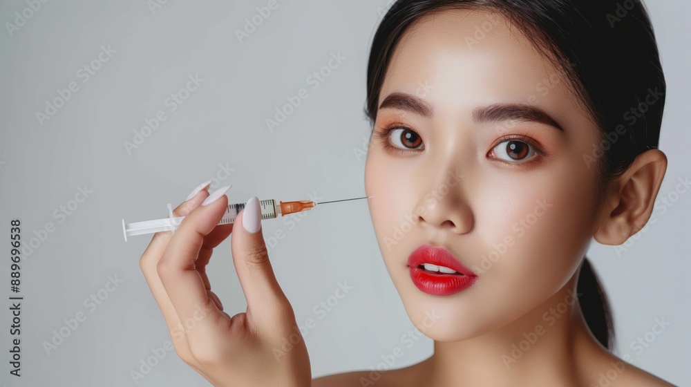 Asian woman receiving beauty injection in cheek, getting collagen ...