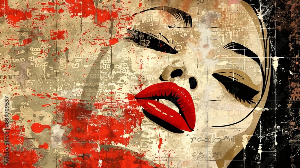 Expressionist artwork of an Asian woman with bright red lips and closed ...