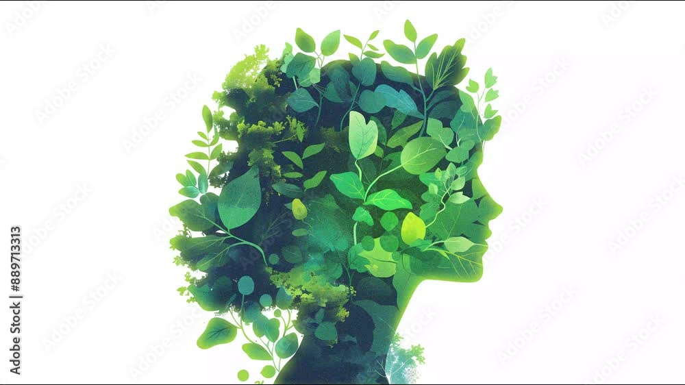 glowing illustration of a woman portrait with green leaves, 2d animated ...