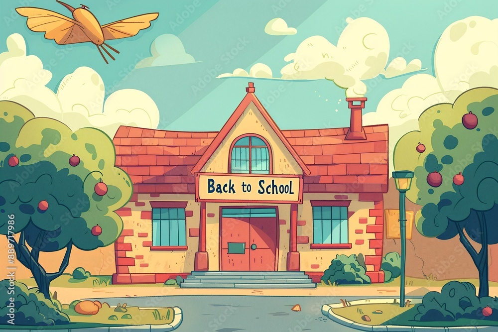 Colorful cartoon illustration of charming schoolhouse with 'Back to ...