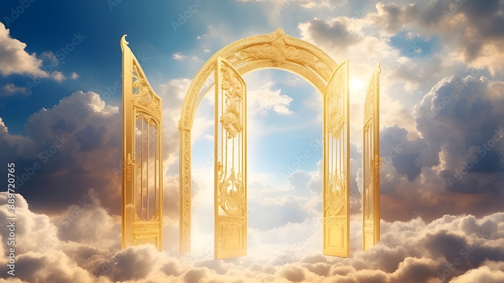 Ethereal shiny golden heaven gates or door in the heaven sky ...