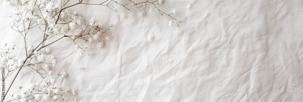 Delicate white floral illustrations are arranged on a textured linen ...