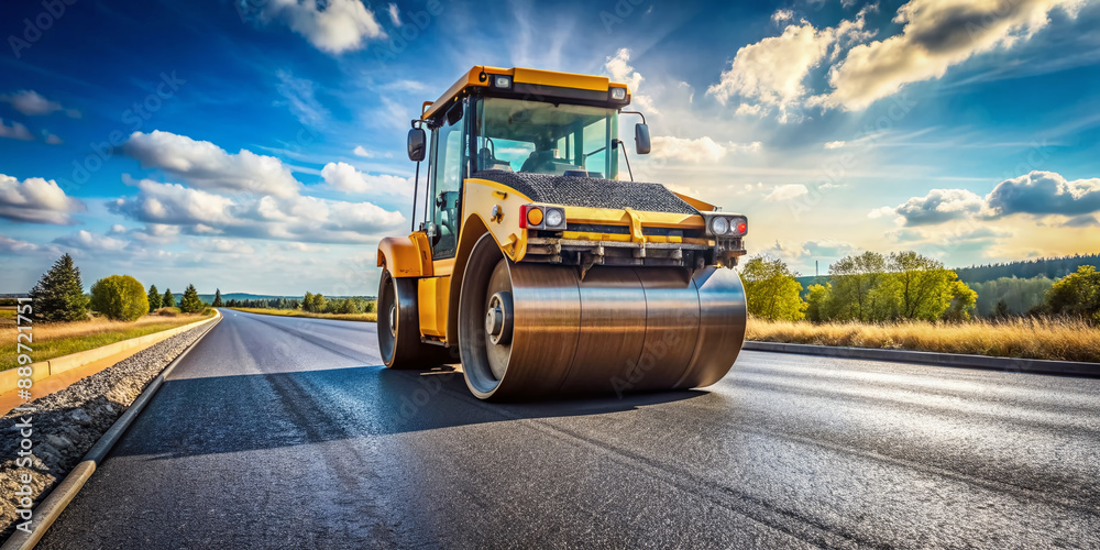 A massive asphalt road roller presses down freshly laid asphalt on a ...