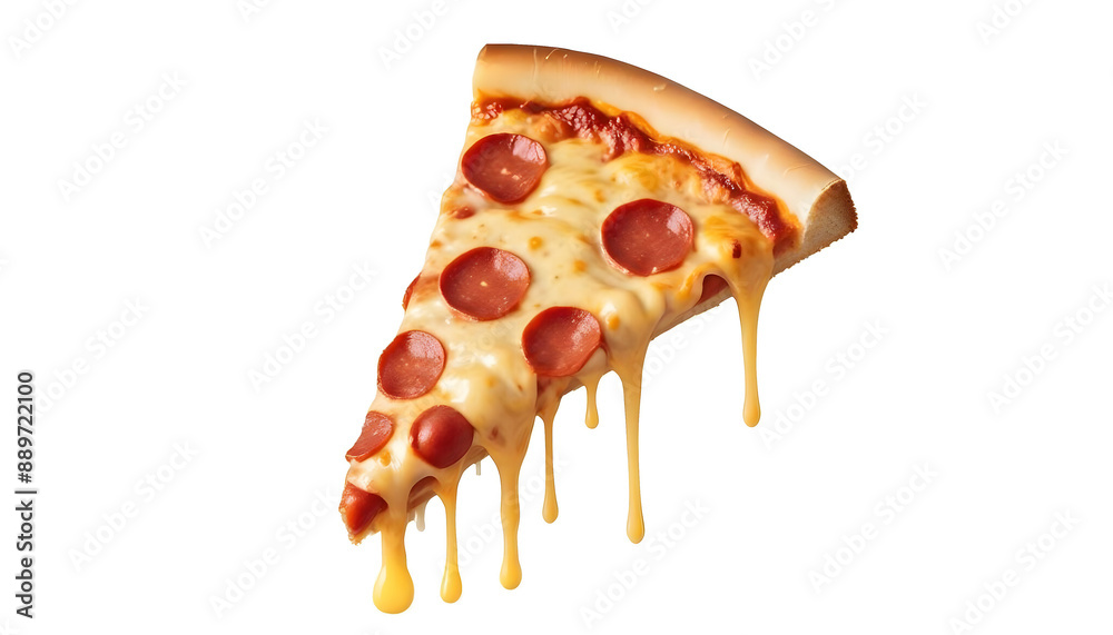 A slice of pepperoni pizza with melted cheese dripping down. The crust ...