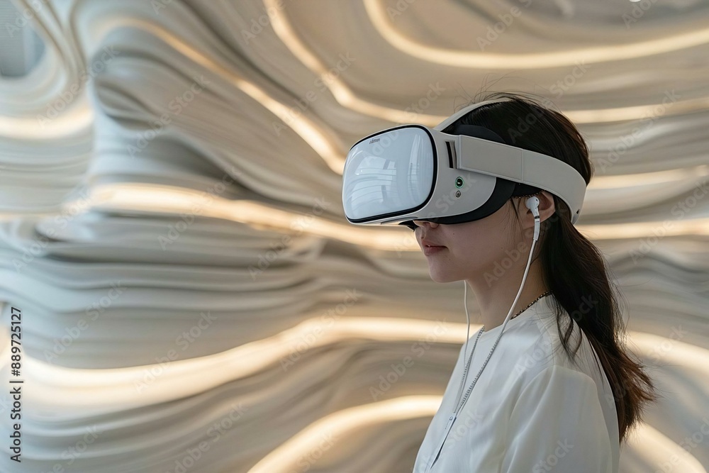 Asian woman architect wearing a VR headset, meticulously designing a ...