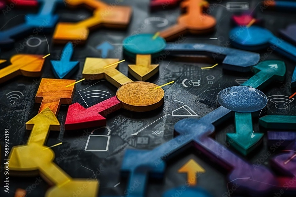 close-up photo of a flowchart with colorful arrows and symbols ...