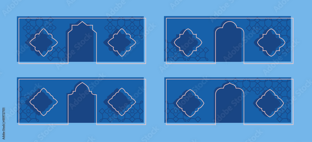 Line arabian wall with window, arch, door. Outline border with oriental ...