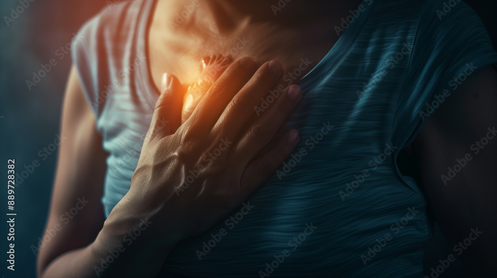 A man holding his chest in visible pain shows typical symptoms of a ...