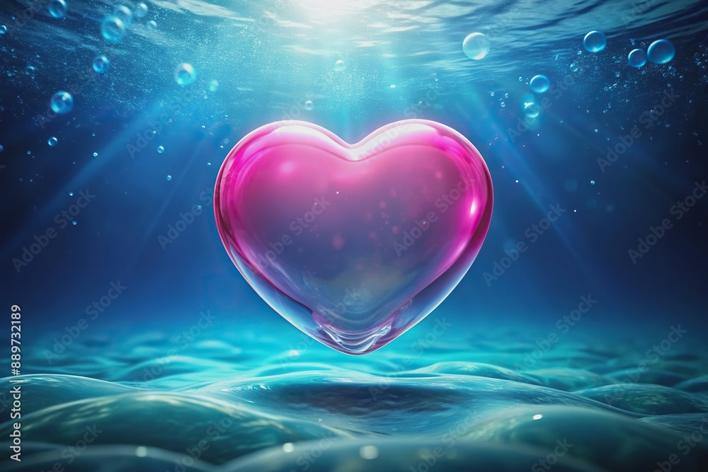 Floating pink heart bubble undersea with blue bright light background, pink, sea, underwater ...