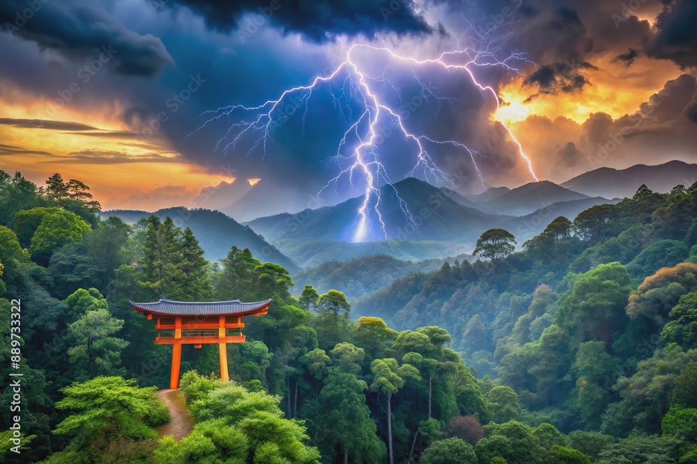 Colorful vertical wallpaper of Japanese landscape with Torii gate, rain ...