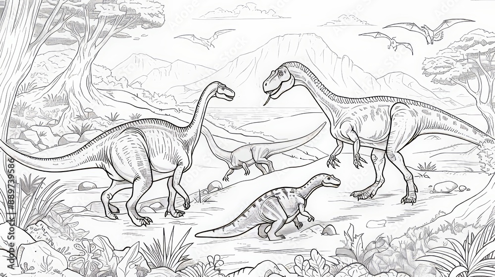 Coloring book page featuring an outline of dinosaurs in a line for easy ...