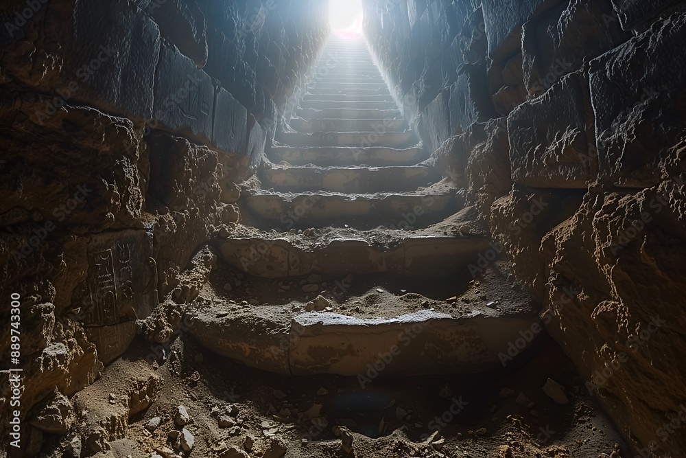 A stairway leads down into a pyramid, sunlight enters from above and ...