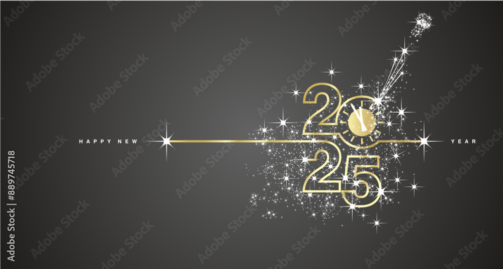 New Year 2025 countdown line design firework champagne gold white black ...