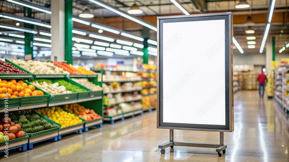 Empty advertisement board stands in front of a busy supermarket ...