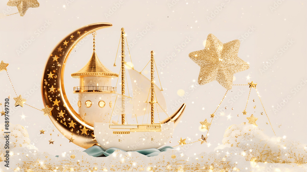 ethereal moon background with a ship with sails, warm golden glittering ...