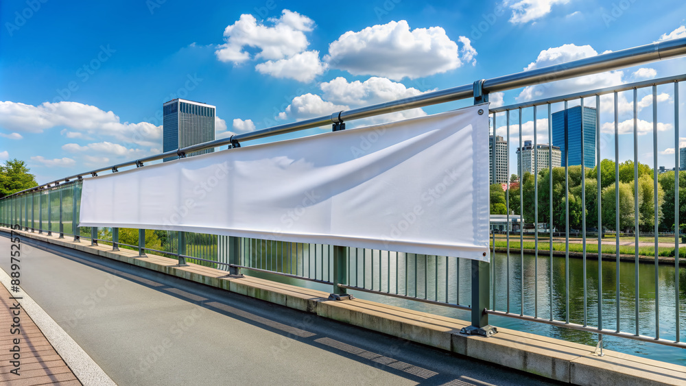 A long white vinyl banner is securely attached to a metal bridge ...