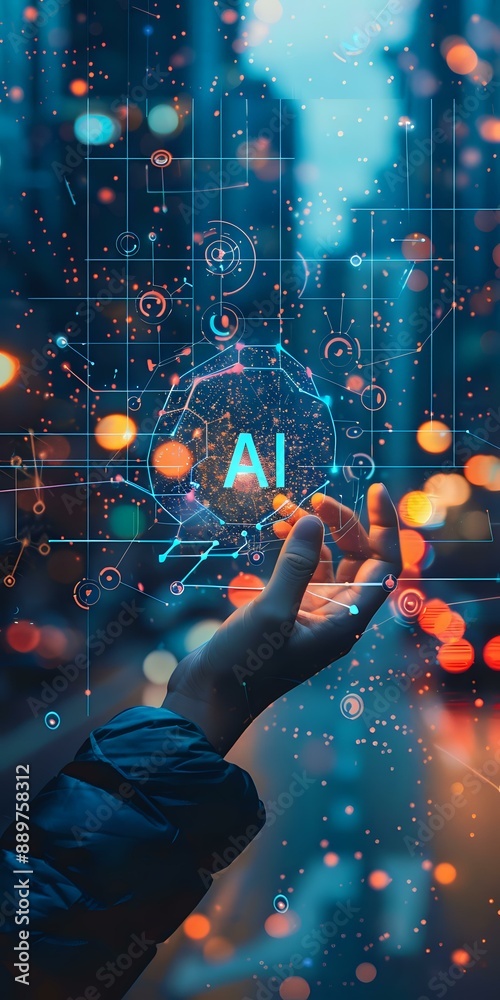 AI Technology A hand interacting with AI technology hologram, perfect ...