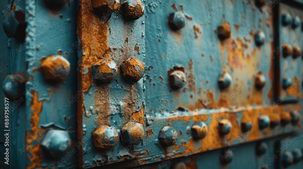 The image is of a rusted metal structure with many holes and peeling ...