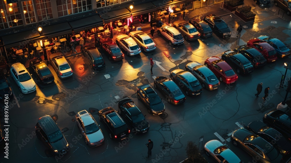 Busy Restaurant Parking Lot at Dusk, Crowded with Cars and Patrons ...