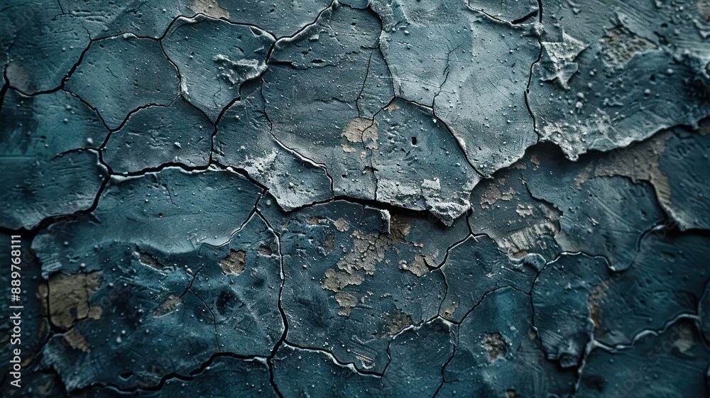 A cracked blue wall with a rough texture. The wall appears to be old ...