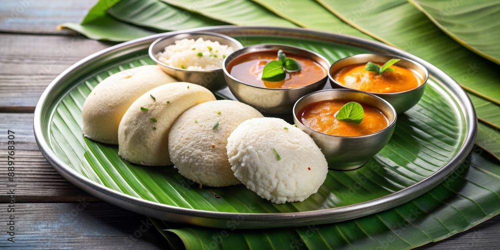 Plate of traditional South Indian idli with coconut chutney and sambar ...