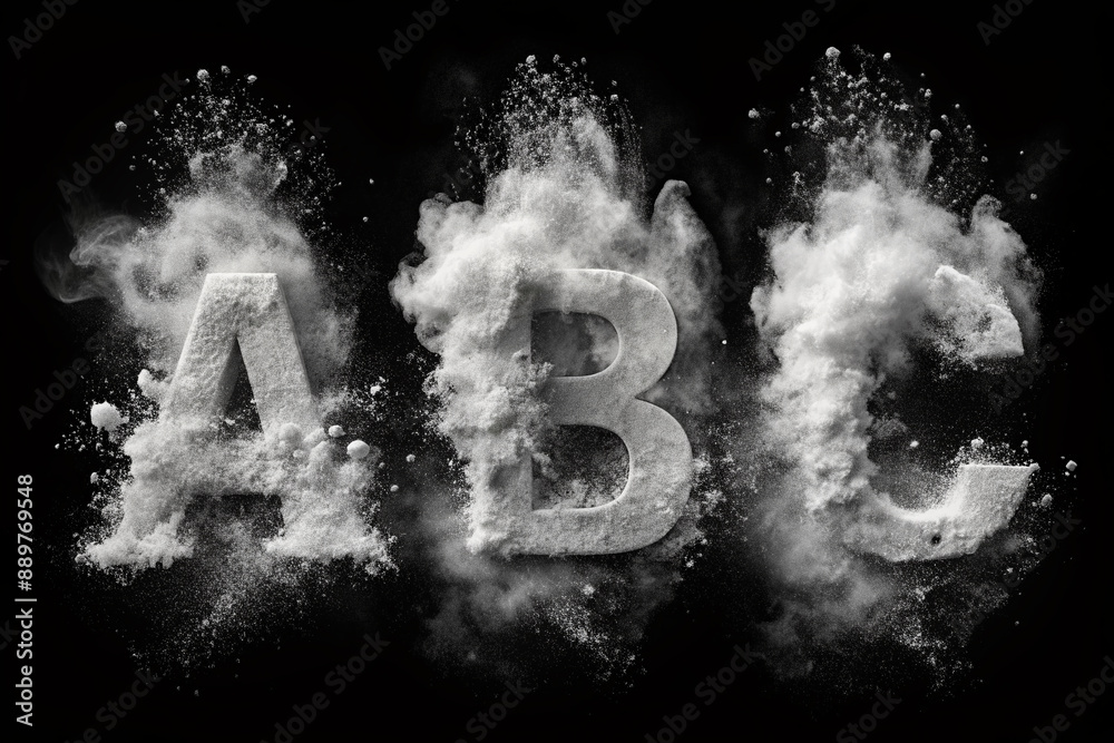 White powder explosion font features uppercase letters A B C D E in ...