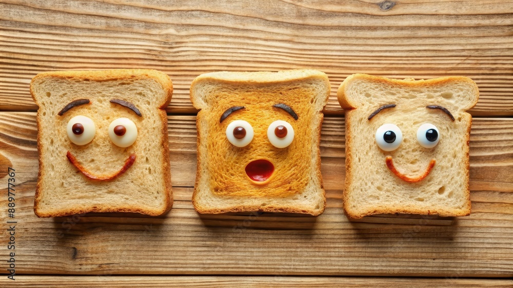 Three cartoon faces on toasted bread, one with mouth and eyes, cartoon ...