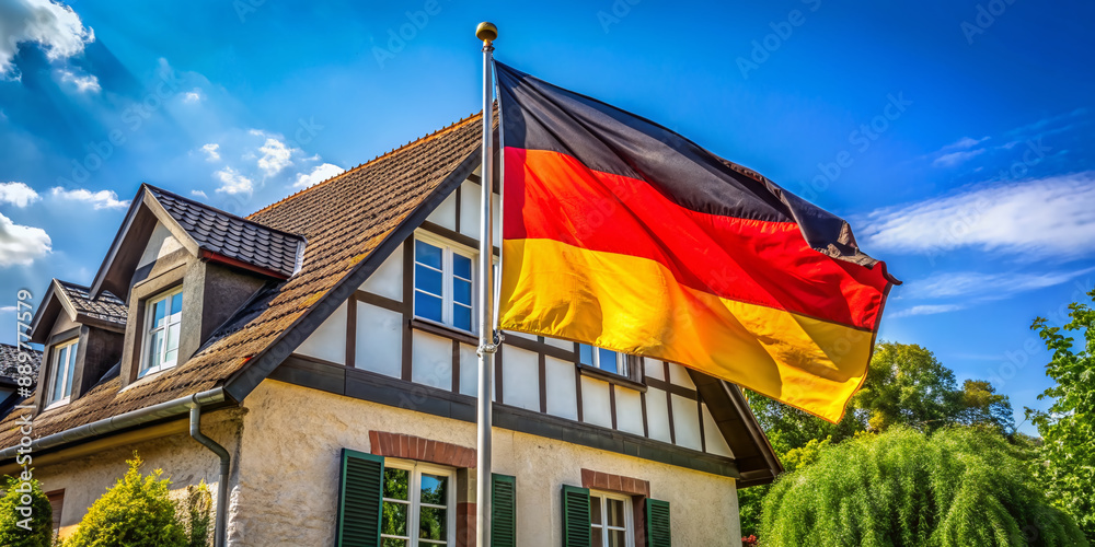 Vibrant German tricolor flag waves proudly from a corner of a ...