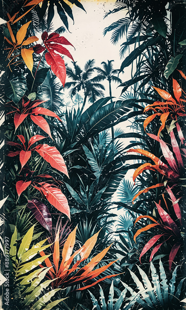 Illustrative depiction of a section of lush fresh jungle leaves and ...