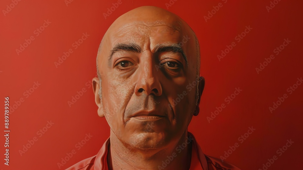 Portrait of a man with a bald head and a red shirt. The man has a ...