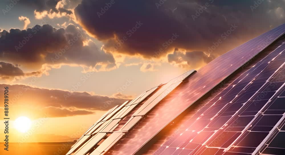 Solar panels against a backdrop of a stunning sunset highlighting the ...