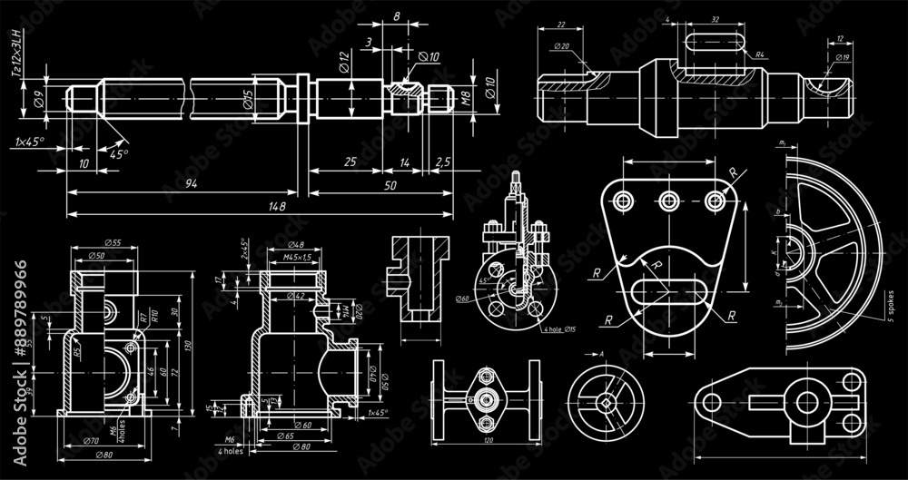 Vector engineering drawing of steel mechanical parts with through holes ...